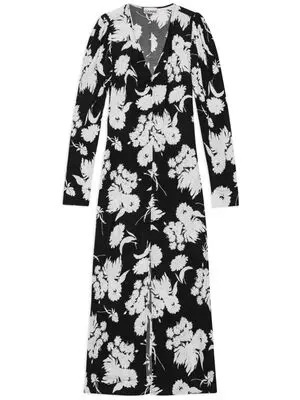 GANNI Floral-print Long-sleeve Midi Dress - Black