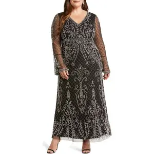 Pisarro Nights Embellished Long Sleeve Gown - Black/silver
