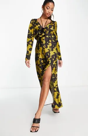 Asos Corsage Rosette Long Sleeve Satin Dress In Yellow - 61% Off |  Editorialist