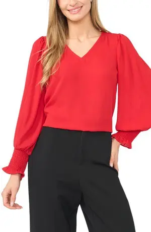 CECE DUPRAZ Smocked Cuff V-neck Top - Luminous Red