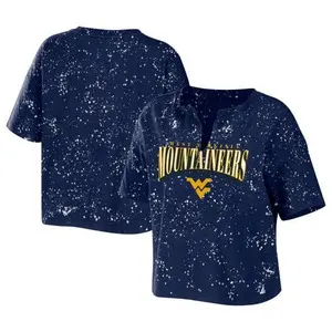 WEAR BY ERIN ANDREWS West Virginia Mountaineers Bleach Wash Splatter Cropped Notch Neck T-shirt - Navy