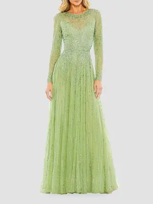 Mac Duggal Sequined Long-sleeve Illusion Gown - Sage