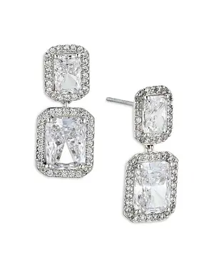Nadri Emerald Cut Halo Drop Earrings - Silver