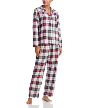 Eberjey Flannel Long Holiday Pajama Set - Tartan Plaid Ivory/holly Red