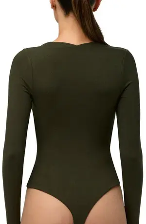 Naked Wardrobe Squared Away Long Sleeve Thong Bodysuit - Olive