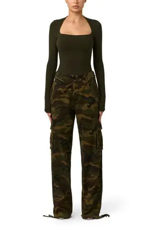 Naked Wardrobe Squared Away Long Sleeve Thong Bodysuit - Olive
