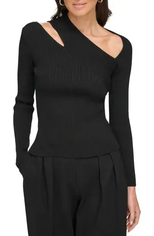 Dkny Cutout Shoulder Asymmetric Neck Ribbed Sweater Black