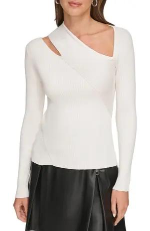 Dkny Cutout Shoulder Asymmetric Neck Ribbed Sweater Ivory
