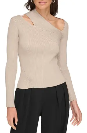 Dkny Cutout Shoulder Asymmetric Neck Ribbed Sweater - Light City Khaki