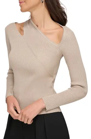 Dkny Cutout Shoulder Asymmetric Neck Ribbed Sweater - Light City Khaki
