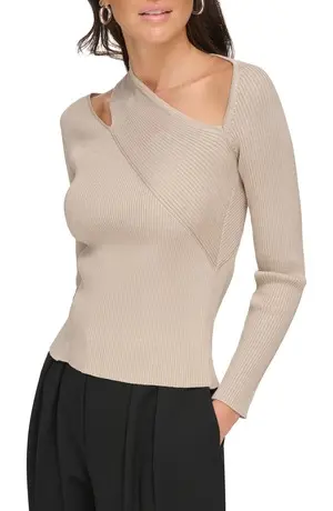 Dkny Cutout Shoulder Asymmetric Neck Ribbed Sweater - Light City Khaki