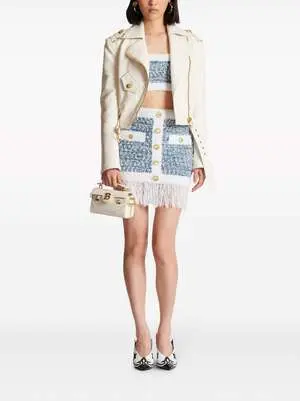 Balmain Denim Tweed Crop Top - White