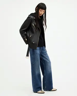 ALLSAINTS Billie Oversized Leather Biker Jacket With Stud Detail