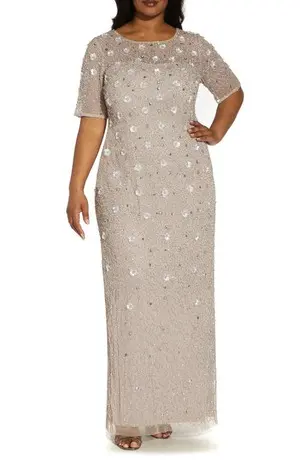 Adrianna Papell 3d Floral Beaded Evening Gown - Marble