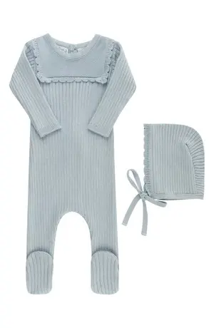 FELTMAN BROTHERS Ruffled Yoke Rib Romper And Bonnet Set - Powder Blue