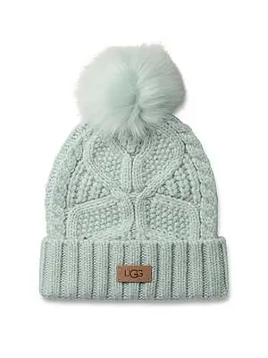 Pink Ugg® Cable Knit Beanie With Faux Fur Pom - Blue
