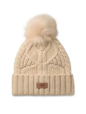 Pink Ugg® Cable Knit Beanie With Faux Fur Pom - White,ivory