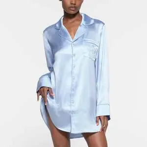 skims silk button up night dress Skims Hotel Shine Button Up Sleep Dress - Celeste