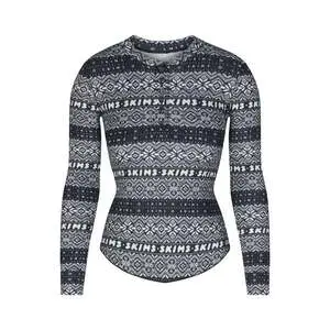 SKIMS Logo Plush Pointelle Long Sleeve Henley - Onyx Fair Isle