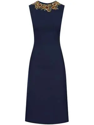 Oscar De La Renta Crystal Sunflower Embroidered Pencil Dress - Blue