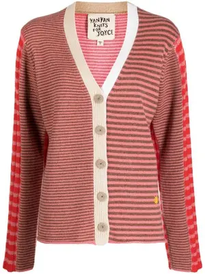 YANYAN Striped V-neck Lambs Wool Cardigan - Red