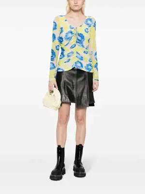 GANNI Floral-print Ruched Mesh Top