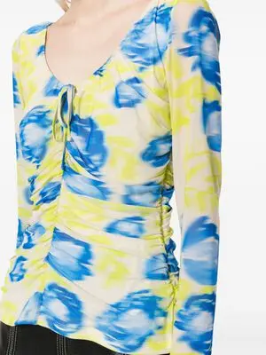 GANNI Floral-print Ruched Mesh Top
