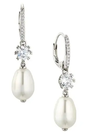 Nadri Cubic Zirconia And Imitation Pearl Drop Earrings - Rhodium