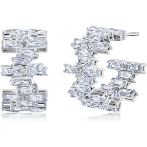 CRISLU Baguette Cut Cubic Zirconia Huggie Hoop Earrings - Platinum