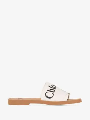 Chloé Neutral Woody Logo Print Linen Sandals