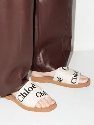 Chloé Neutral Woody Logo Print Linen Sandals
