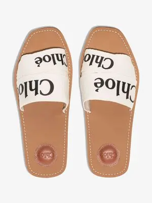 Chloé Neutral Woody Logo Print Linen Sandals