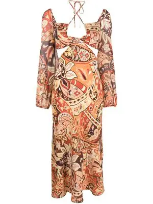 Rixo Orange Kamilla Paisley Print Silk Midi Dress Neutrals-1