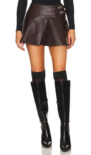 WeWoreWhat Faux Leather Buckle Mini Skort - Dark Patina & Black Sherpa