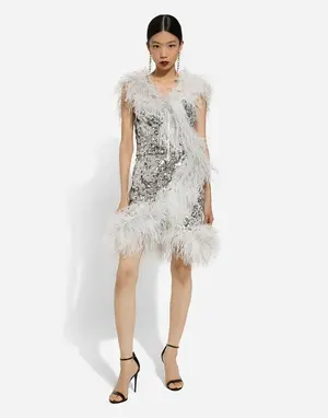 Dolce & Gabbana Sequined Wrap Dress With Feather Trims