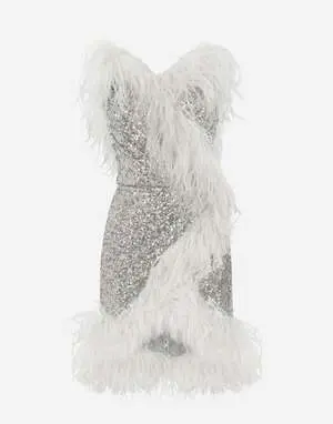 Dolce & Gabbana Sequined Wrap Dress With Feather Trims - Silver