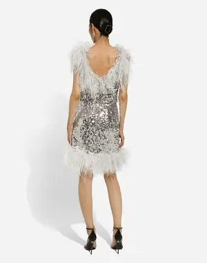 Dolce & Gabbana Sequined Wrap Dress With Feather Trims