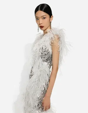Dolce & Gabbana Sequined Wrap Dress With Feather Trims