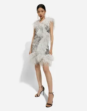 Dolce & Gabbana Sequined Wrap Dress With Feather Trims