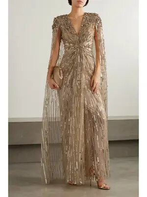Jenny Packham Lotus Cape-effect Embellished Sequined Tulle Gown - Gold