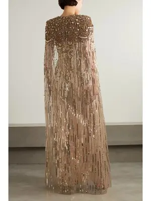 Jenny Packham Lotus Cape-effect Embellished Sequined Tulle Gown - Gold