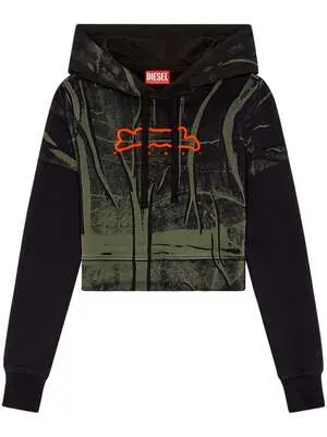 DIESEL® Cropped Cotton Hoodie With Graphic Print - Green