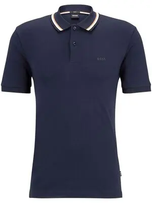 BOSS Logo-print Striped-trim Cotton Polo Shirt - Blue