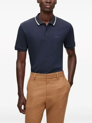 BOSS Logo-print Striped-trim Cotton Polo Shirt - Blue
