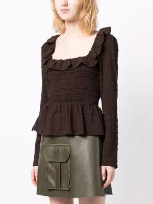 GANNI Shirred Seersucker Blouse