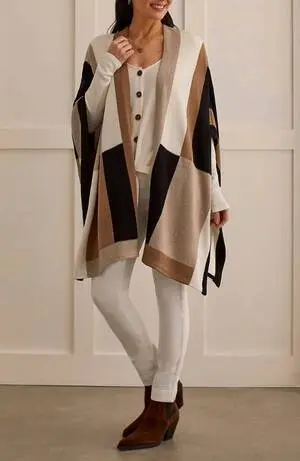 Tribal Poncho Cape Sweater In Cinnamon - Beige