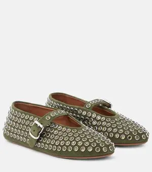 Alaïa Alaïa Embellished Suede Ballet Flats Green