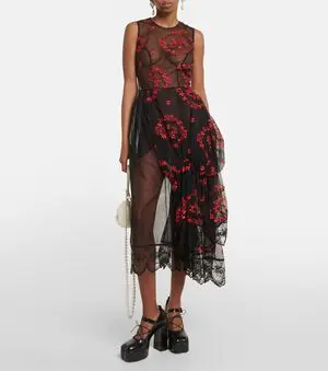 Simone Rocha Floral Embroidered Tulle Midi Dress