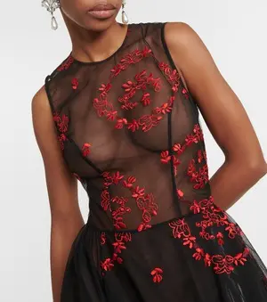 Simone Rocha Floral Embroidered Tulle Midi Dress