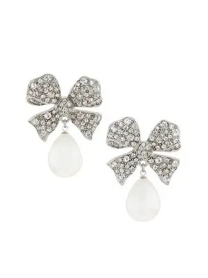 KENNETH JAY LANE Rhodium-plated, Imitation Pearl & Glass Crystal Bow Drop Earrings - Silver